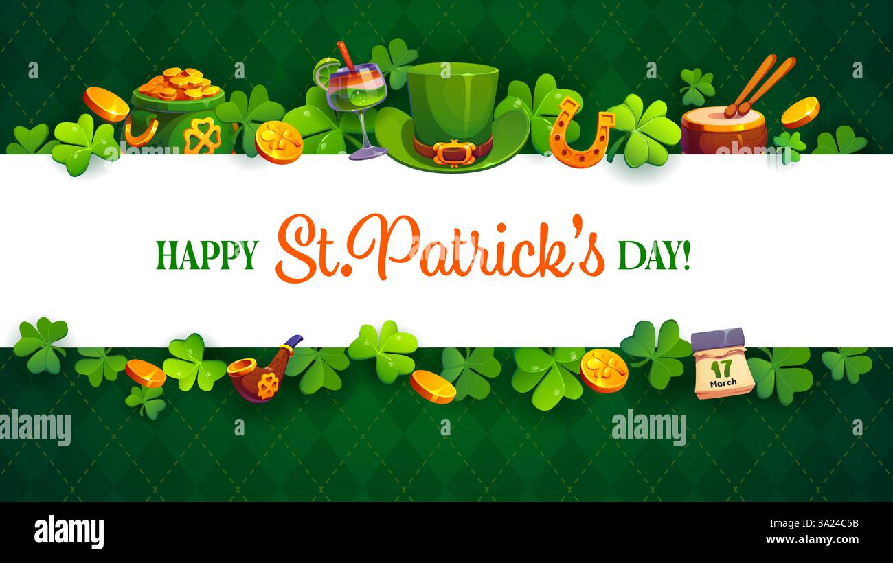 St Patrick day banner with shamrock clover border. Cartoon vector ...