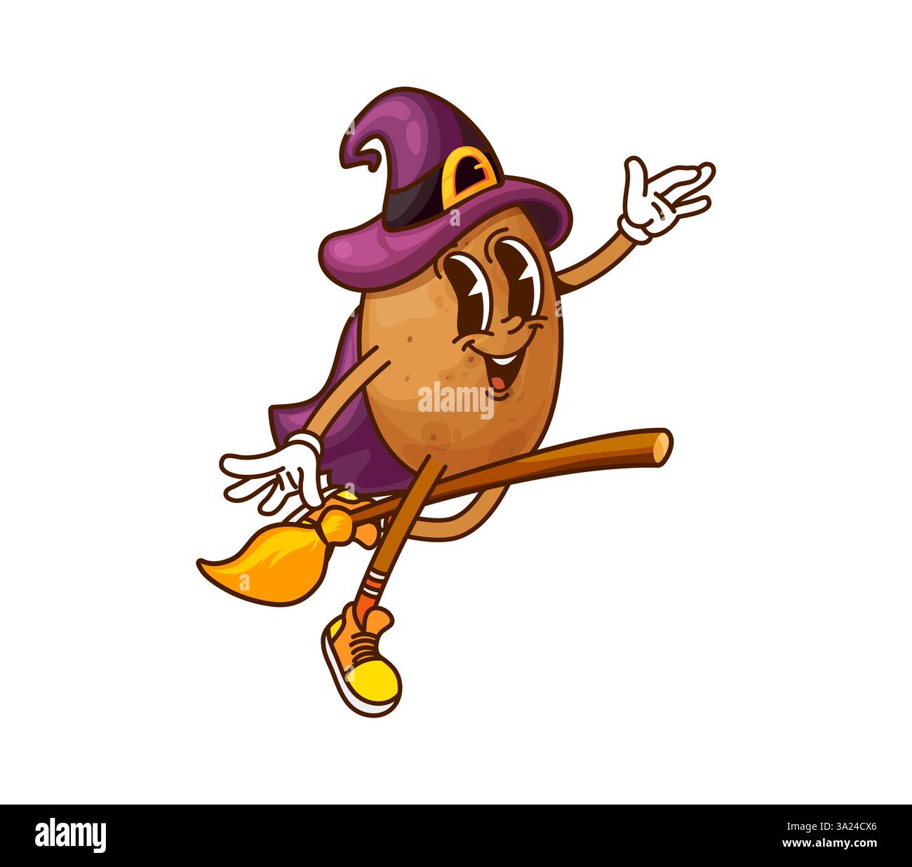 Cartoon groovy Halloween wizard potato vegetable character in purple ...