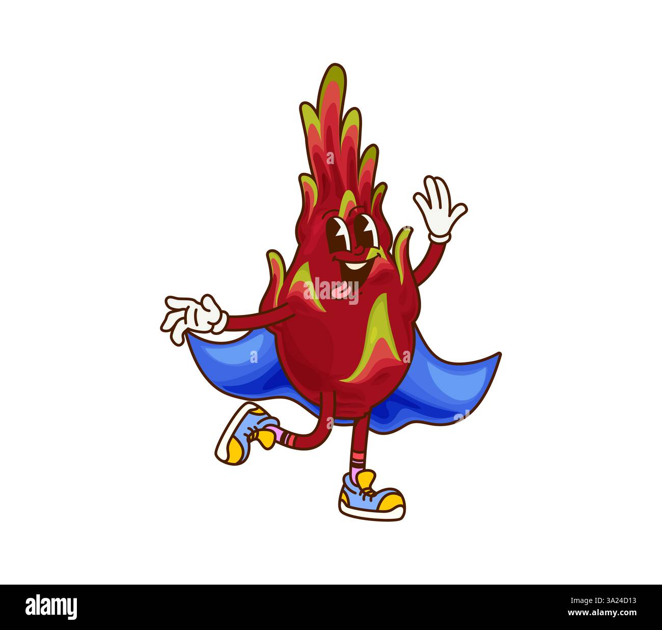 Cartoon groovy Halloween dragon fruit wizard character. Vector tropical ...