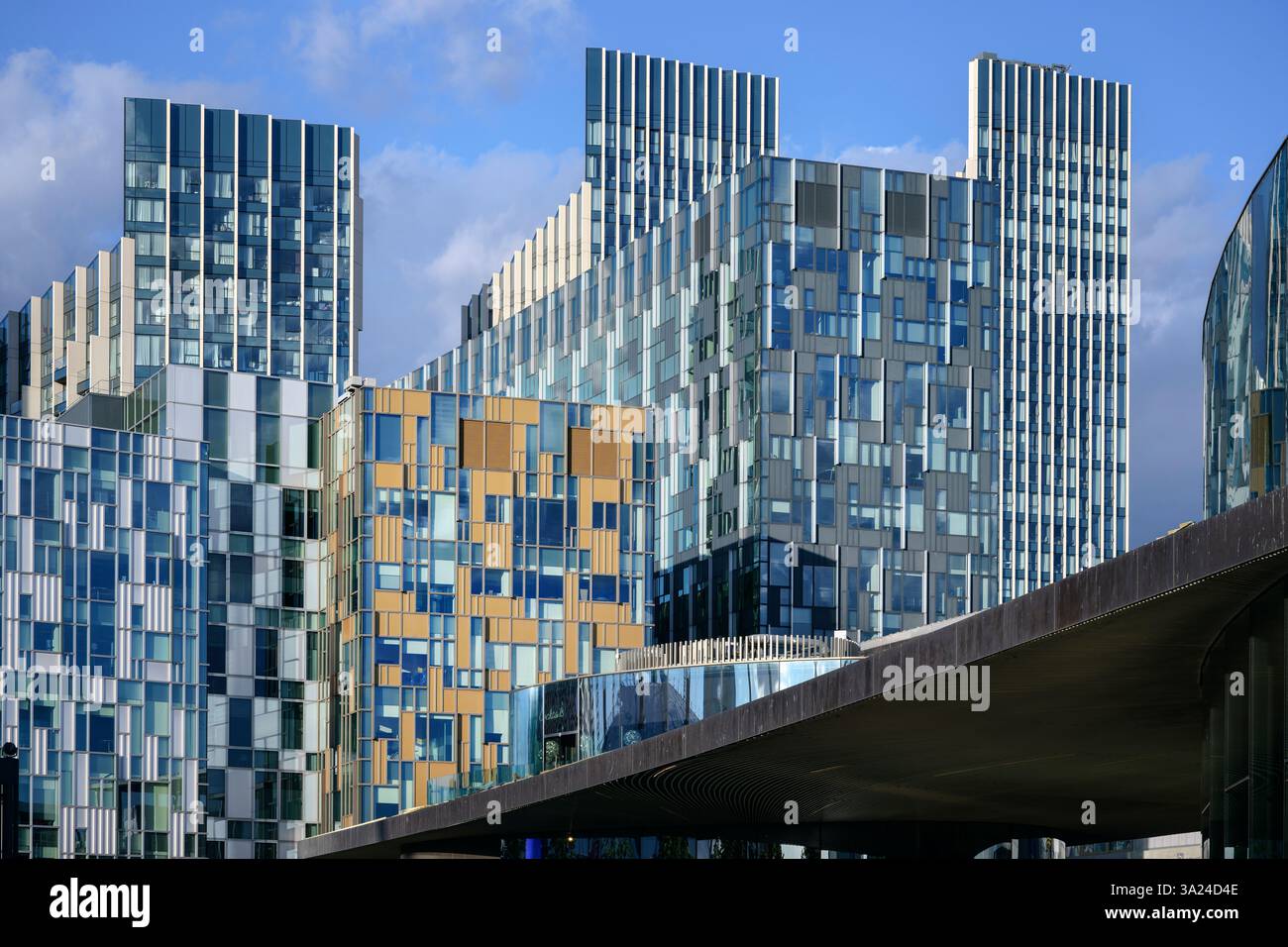 Colorful, glass skyscraper facades in the Greenwich district, London ...