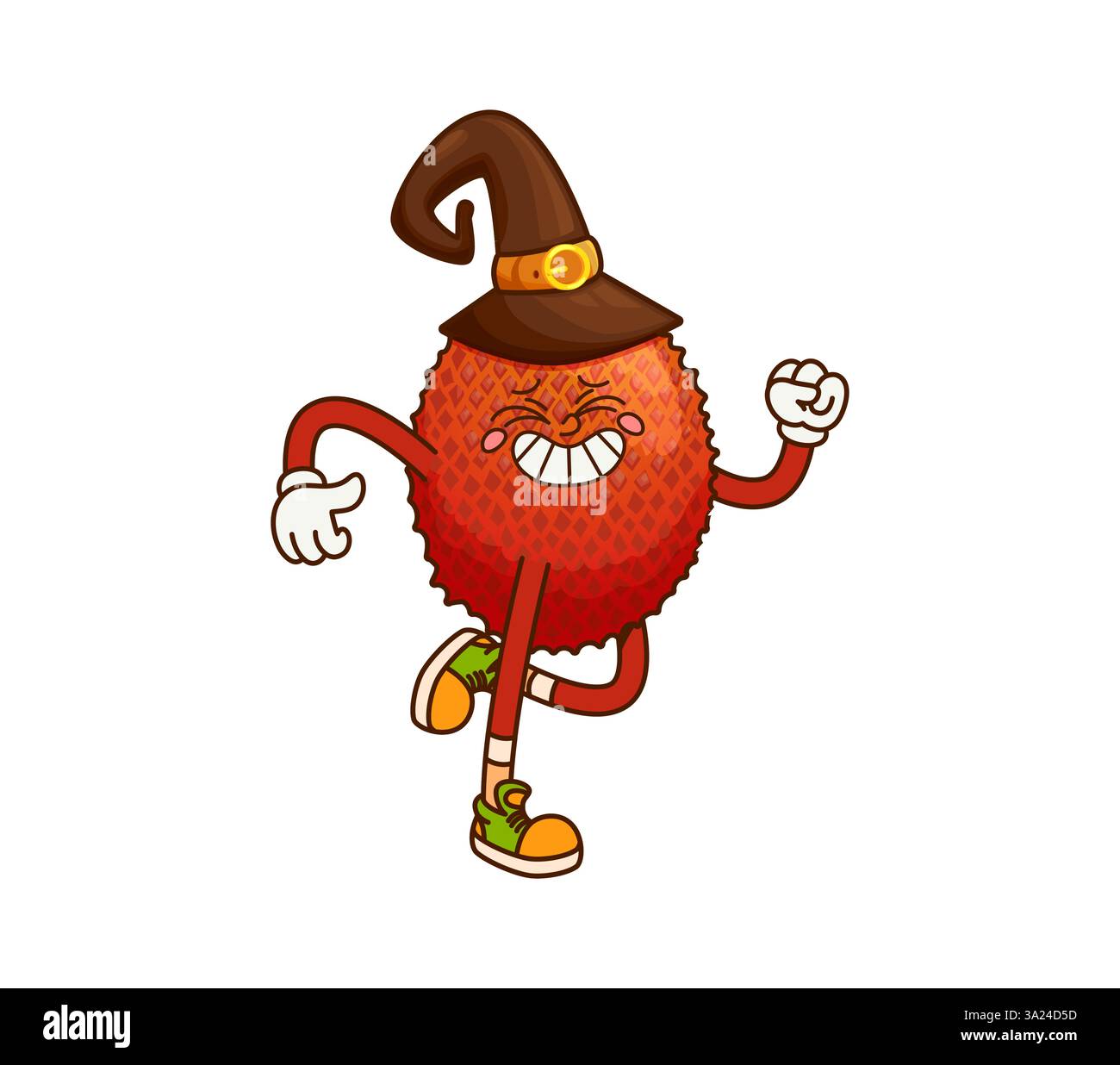 Cartoon groovy lychee Halloween wizard fruit character striking a dance ...