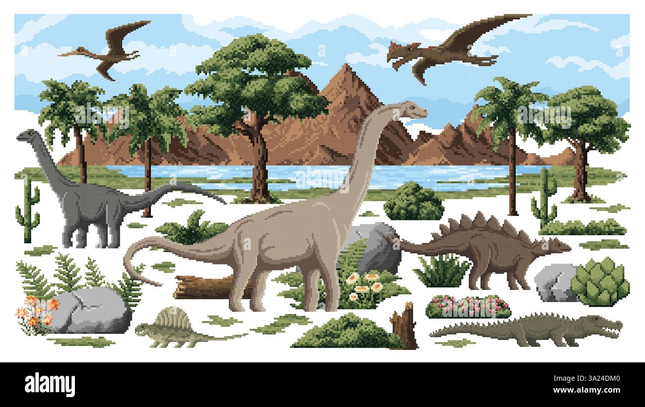 8 bit pixel prehistoric dinosaurs. Vector arcade game background ...