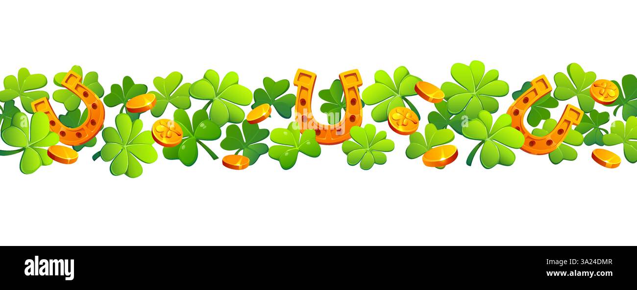 St Patrick day border with horseshoe, shamrock clover and golden coins ...