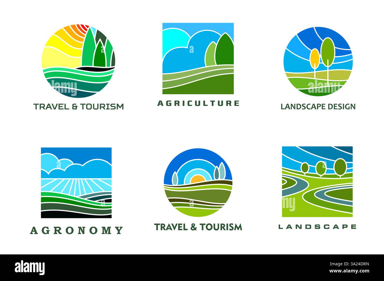 Lawn and farm landscape icons. Vector emblems for travel, tourism ...