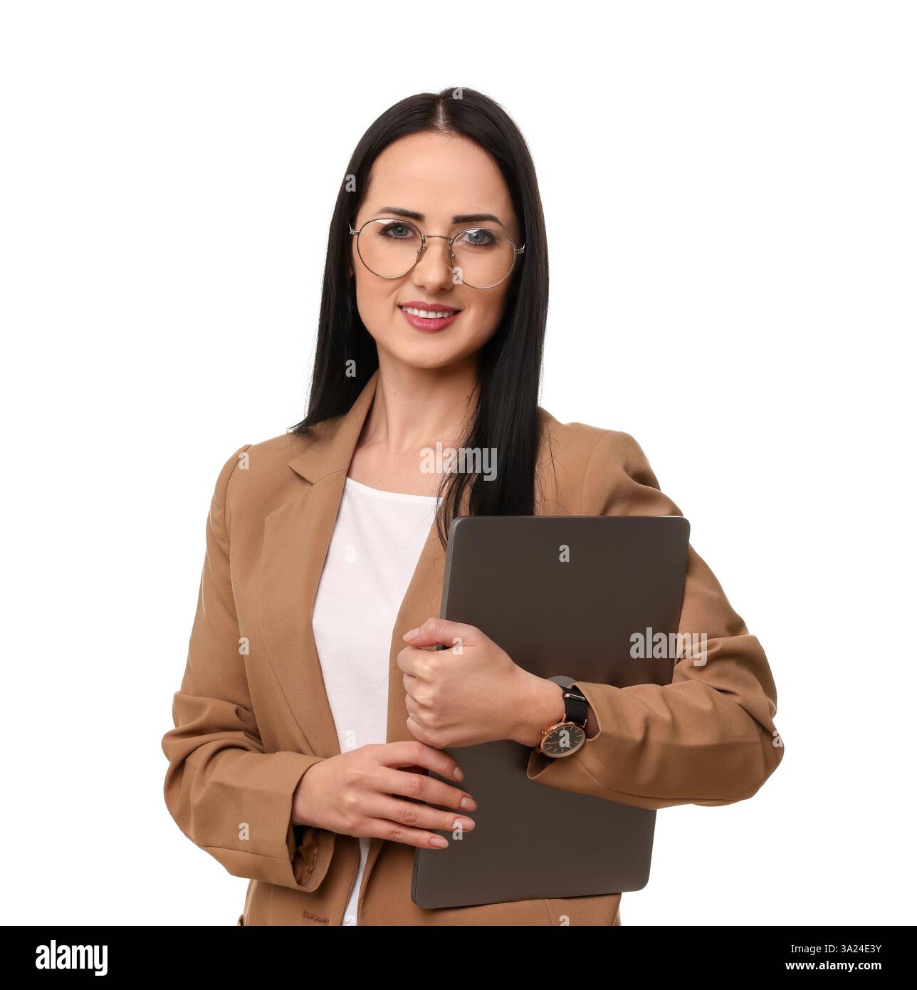 English teacher with laptop on white background Stock Photo - Alamy