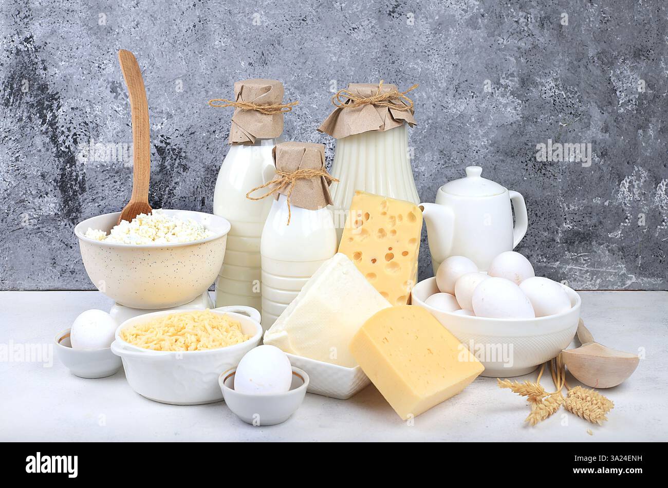 Assorted fresh dairy products, healthy breakfast with ingredients, natural nutrition concept ...