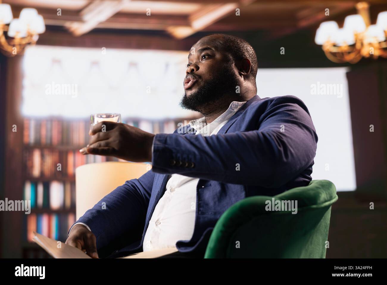 African american secret service agent in a classy headquarters library ...