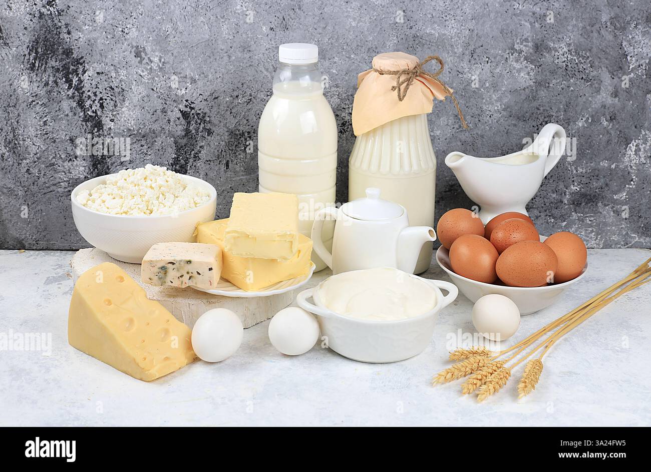 Assorted fresh dairy products, healthy breakfast with ingredients ...