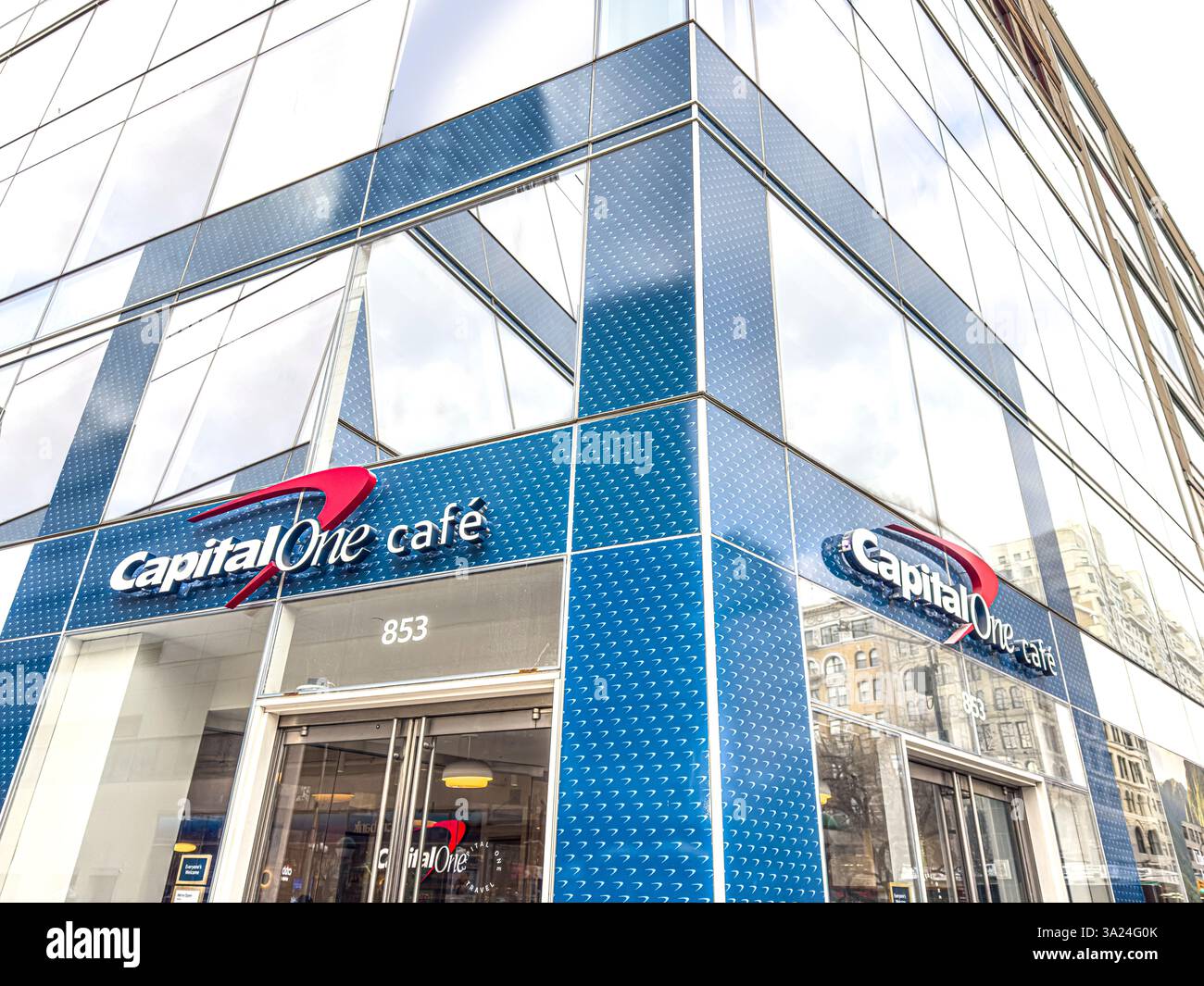Capital One Cafe, building exterior and company sign, New York City ...
