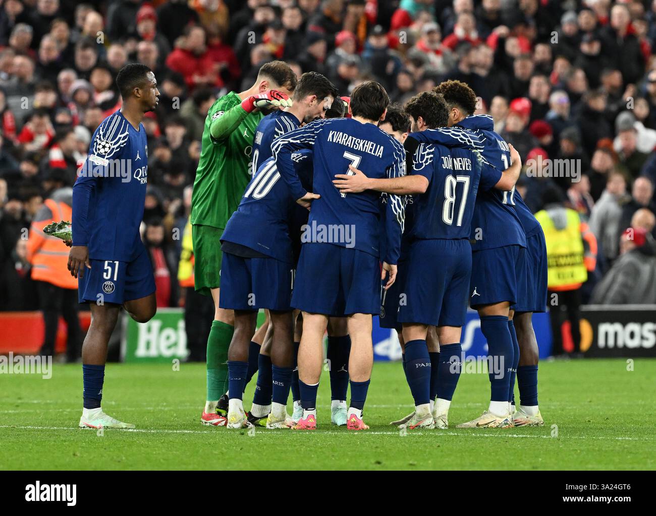 Liverpool, UK. 11th Mar, 2025. PSG have a team huddle before extra time ...