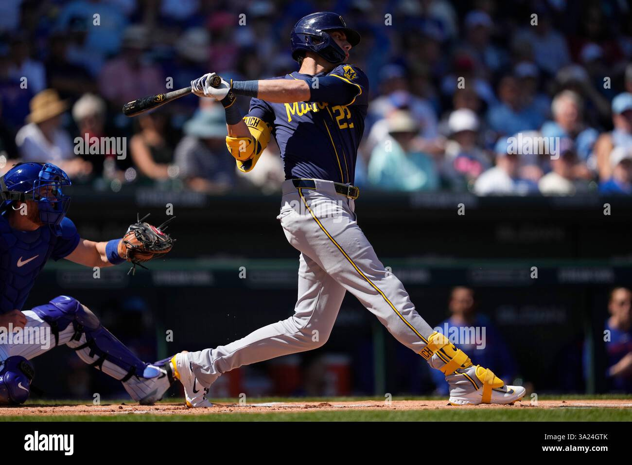Milwaukee Brewers' Christian Yelich hits against the Chicago Cubs ...