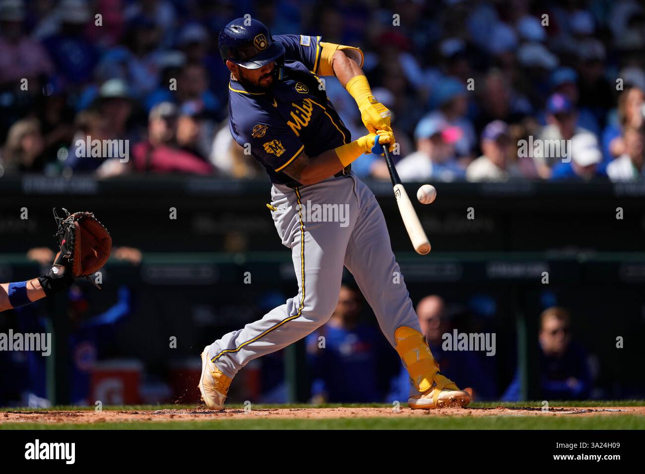 Milwaukee Brewers' Jorge Alfaro hits against the Chicago Cubs during a ...
