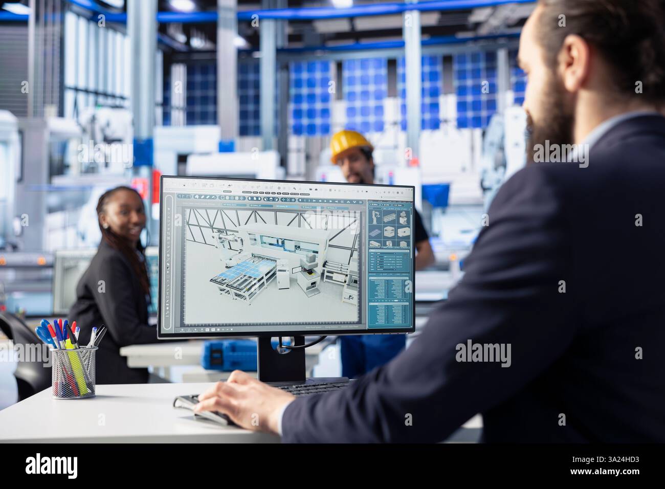 Photovoltaics factory engineer conducts simulations and performance ...