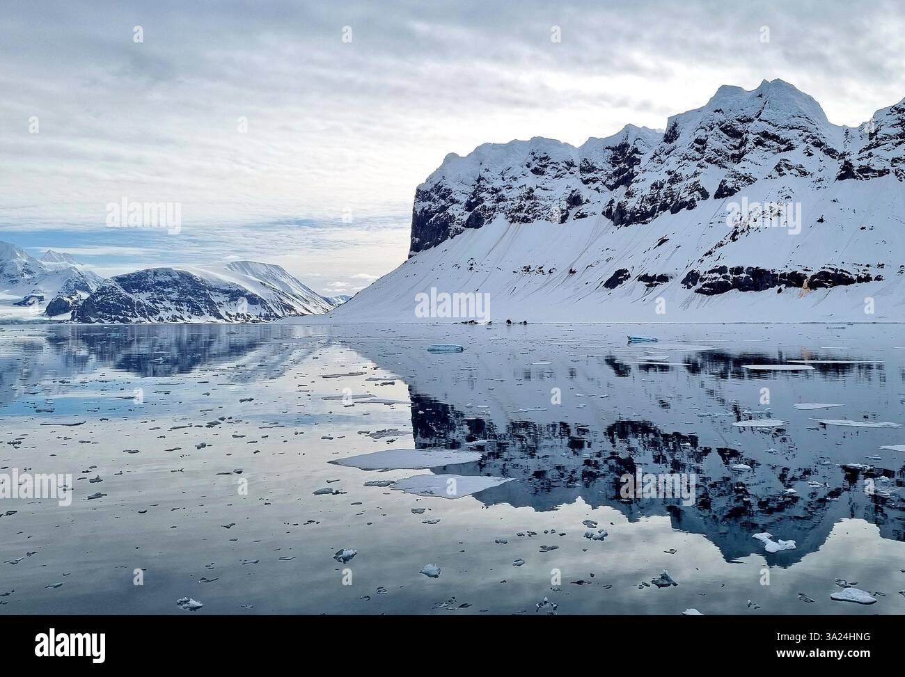 A mesmerizing arctic landscape with snow-capped mountains and their ...