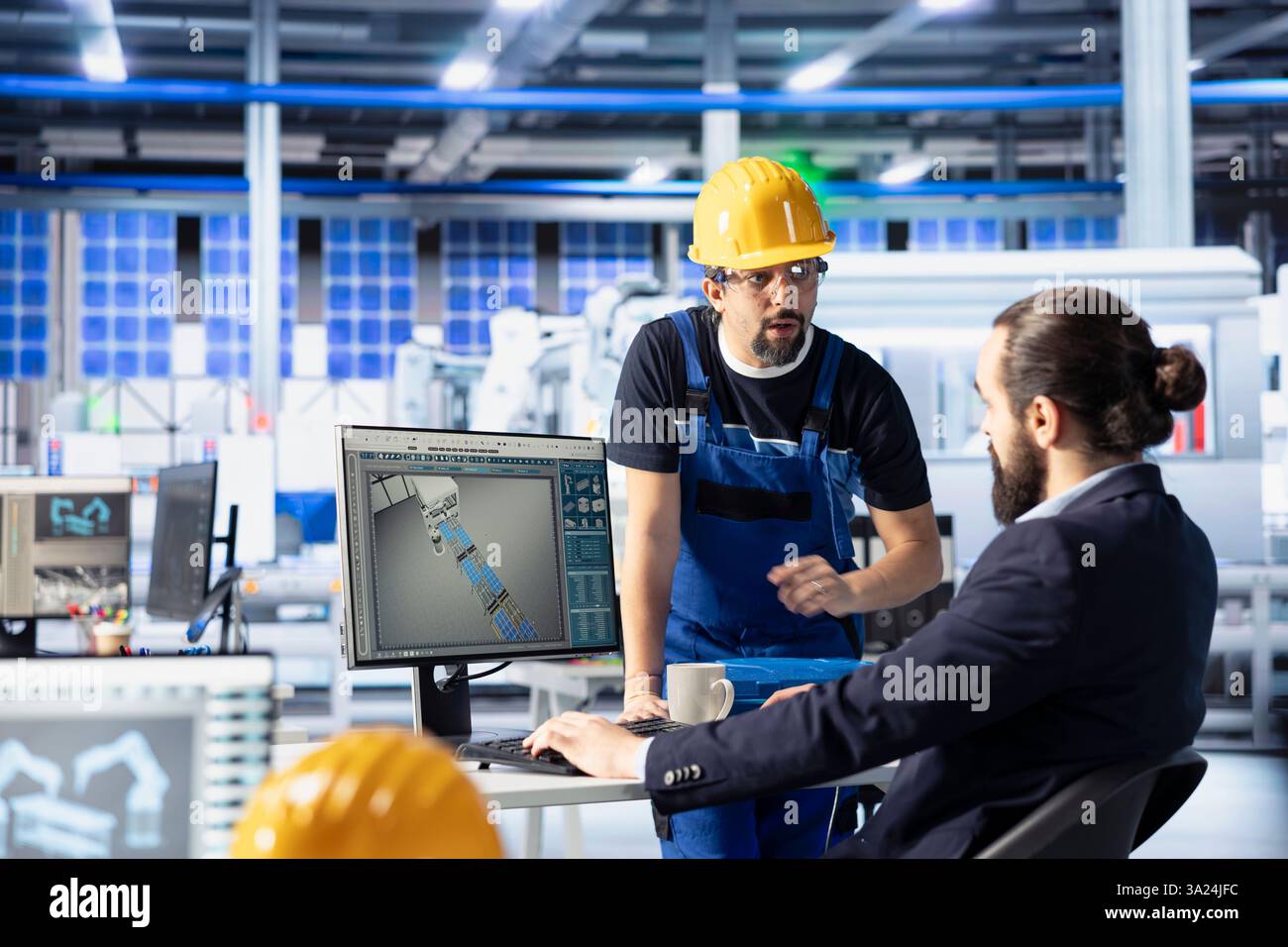 Solar panels plant manager teaching intern how to optimize efficiency ...