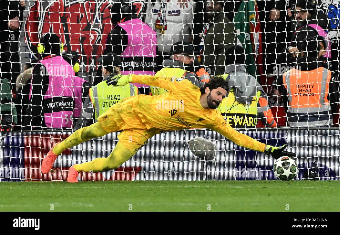 Liverpool, UK. 11th Mar, 2025. Alisson Becker of Liverpool is beaten by ...