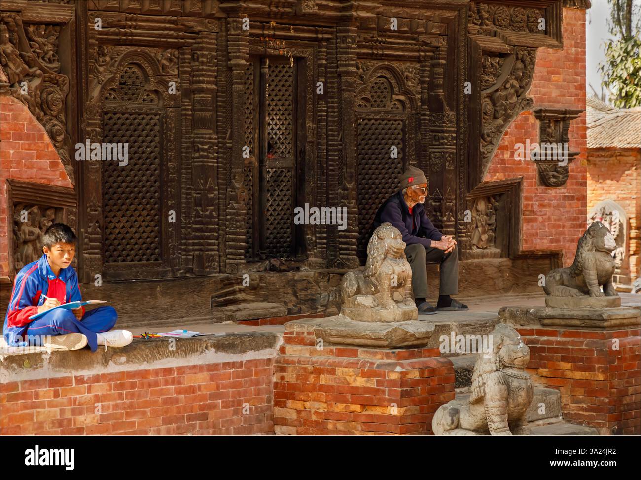 Dunbar Square, Bhaktapur, Nepal - February 10th 2025 - Old and young ...