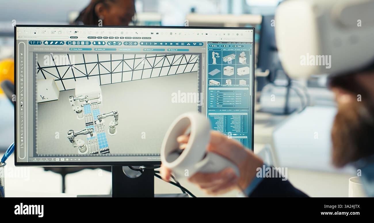 Photovoltaics facility specialist planning work on facility floor in CAD software using VR ...