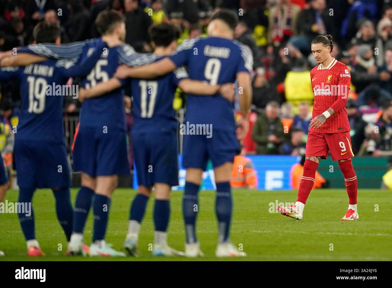 Liverpool's Darwin Nunez walks back after PSG's goalkeeper Gianluigi ...