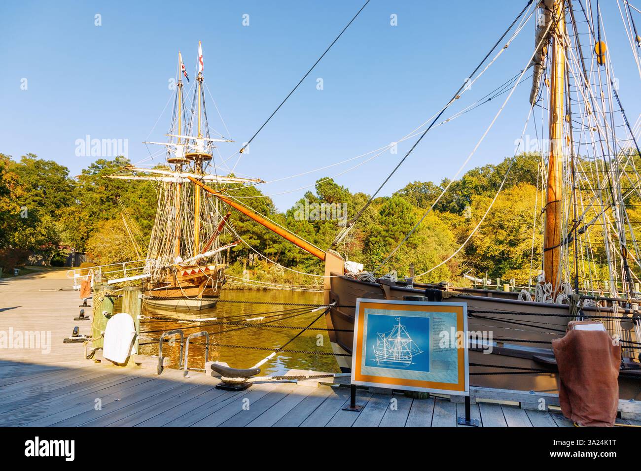 Harbor with the sailing ship Godspeed and the Discovery on the James ...