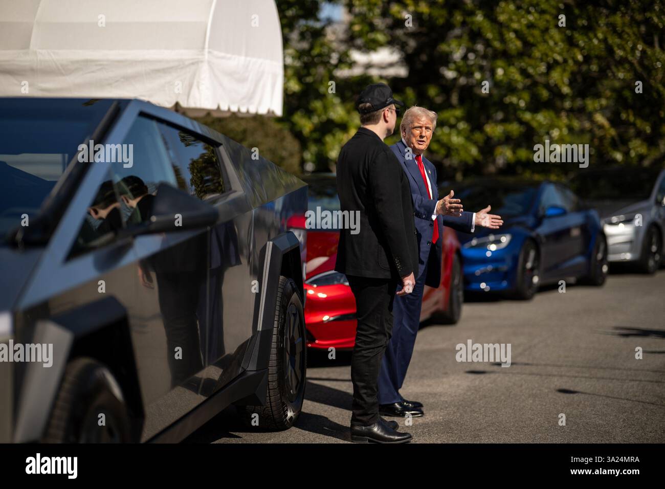 President Donald Trump speaks to members of the media alongside Tesla ...