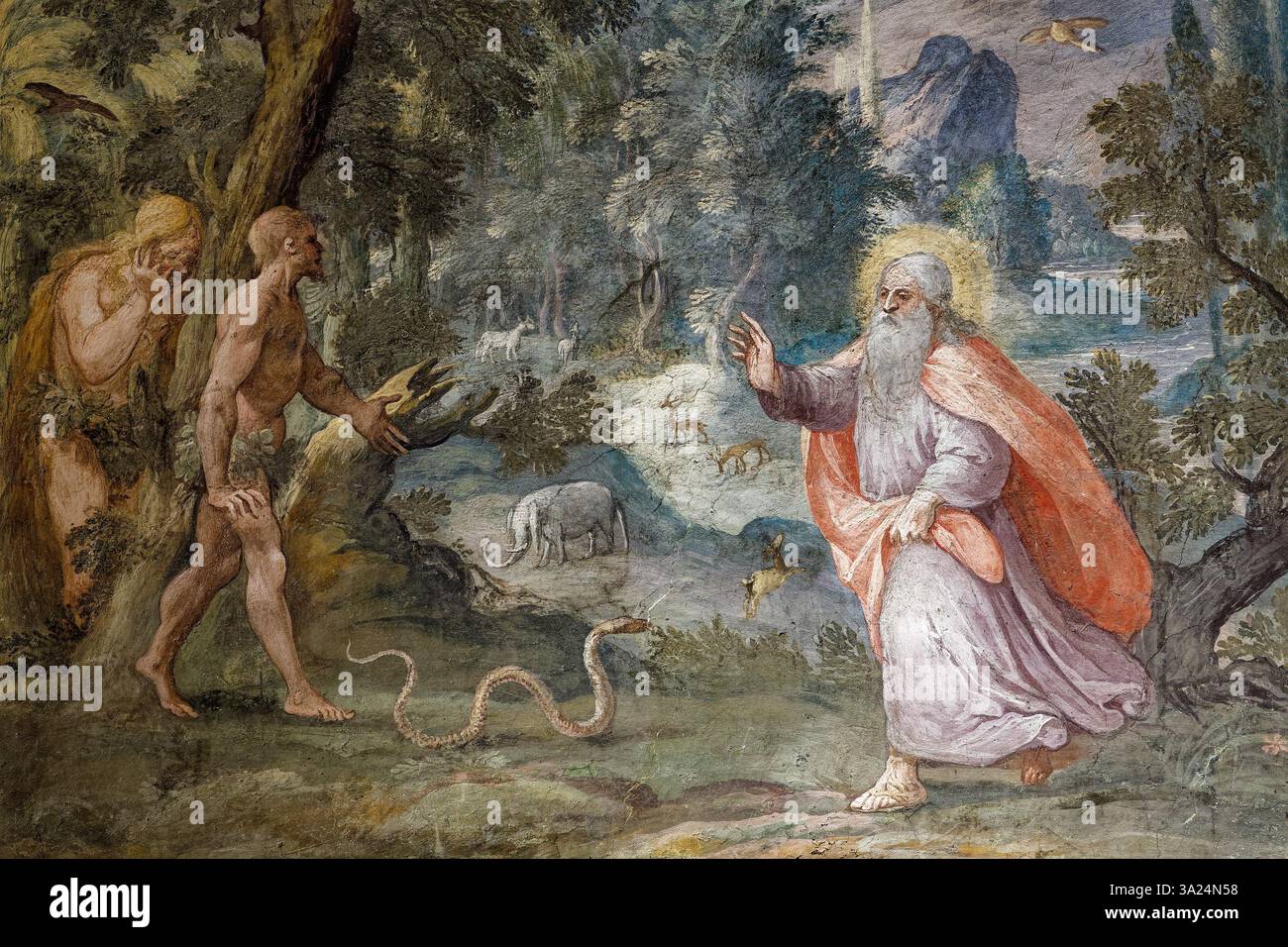 Naples, ITALY - 10-25-2024: Fresco (19th century) of Adam and Eve expelled from paradise Stock ...