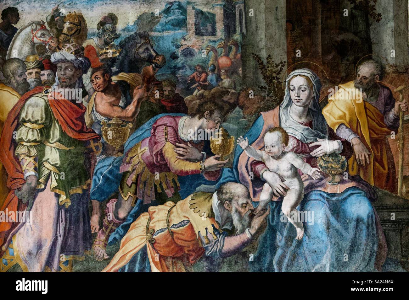 Naples, ITALY - 10-25-2024: Fresco (15th century) of Christmas Nativity Scene : Adoration of the ...