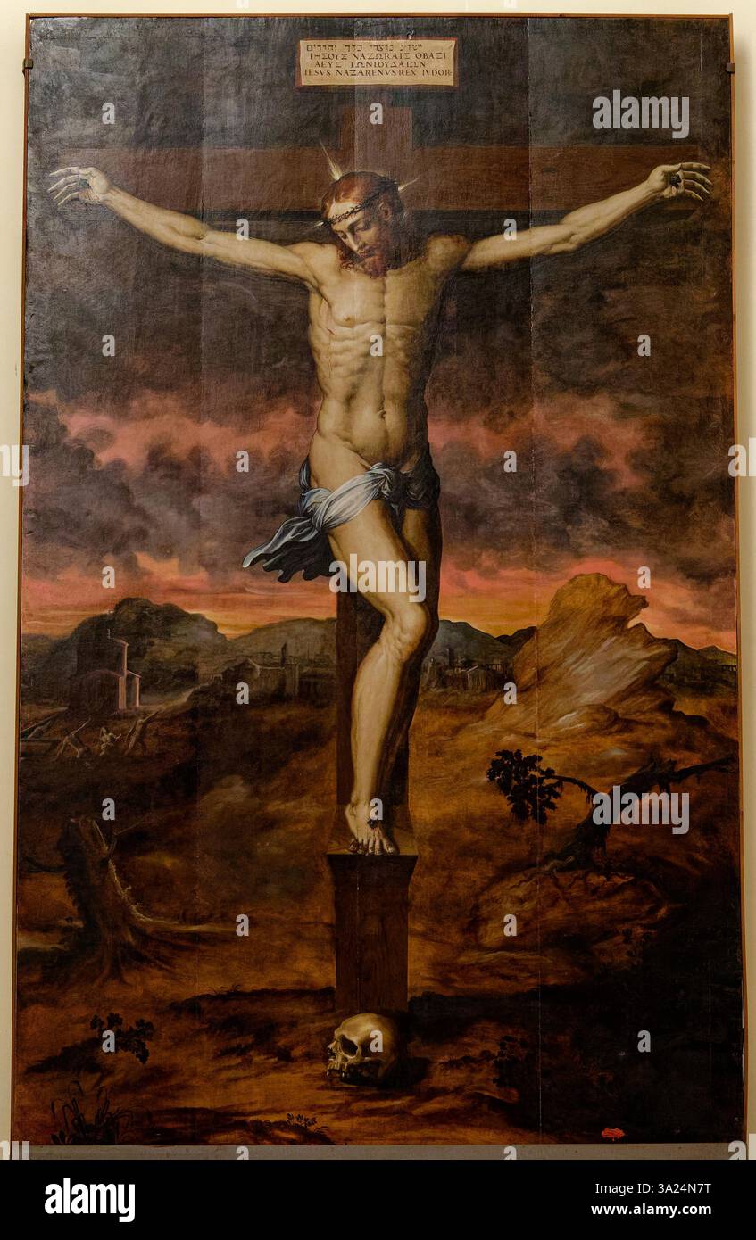 Naples, ITALY - 10-25-2024: Painting (16th century) of Jesus Christ crucified on the cross Stock ...