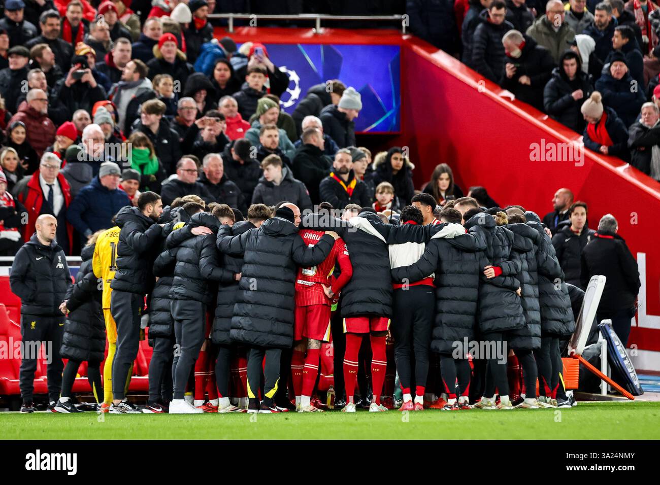 Liverpool, UK. 11th Mar, 2025. Liverpool enter a huddle during the UEFA ...