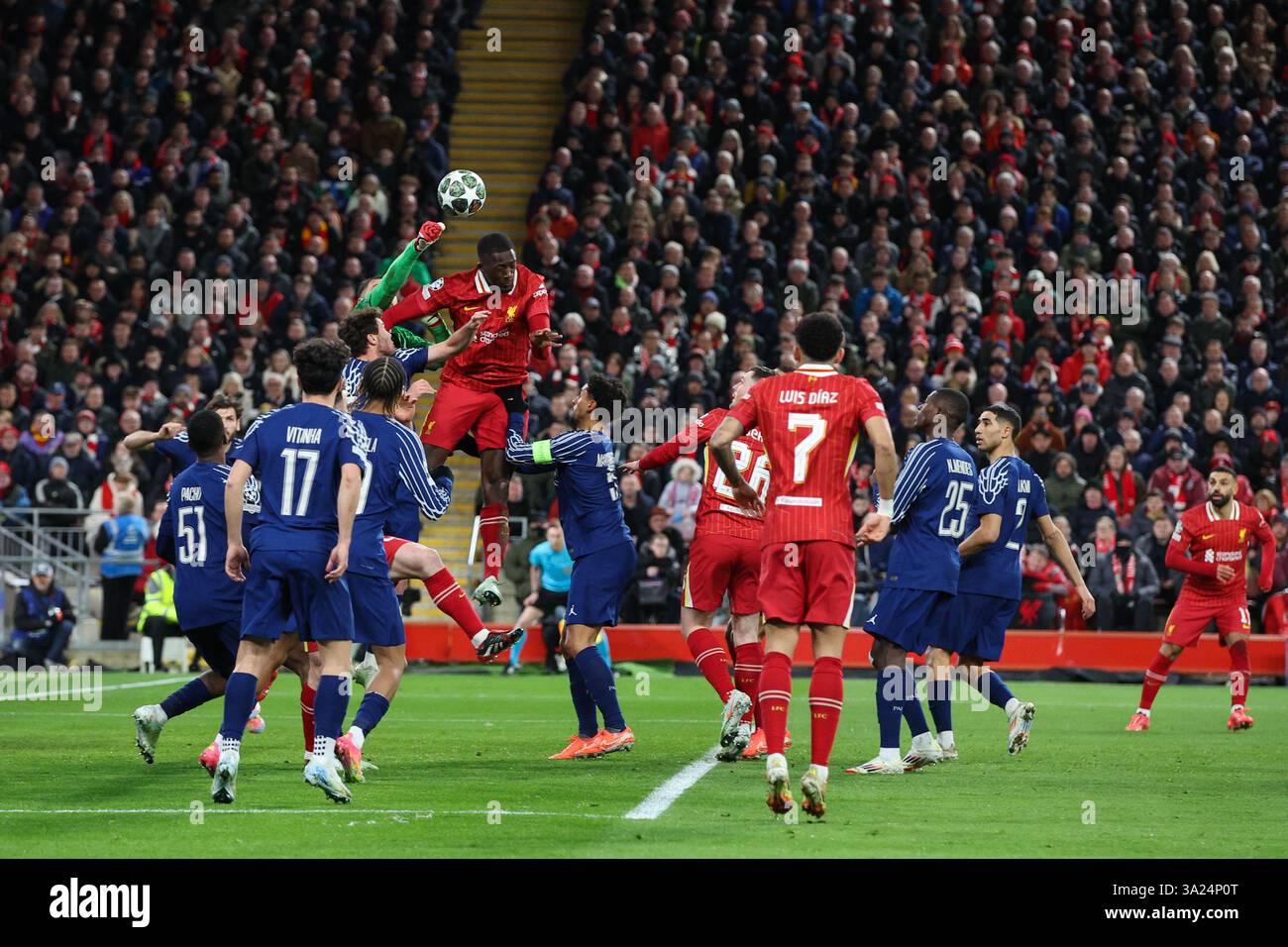 LIVERPOOL, UK - 11th Mar 2025: Gianluigi Donnarumma of PSG punches ...