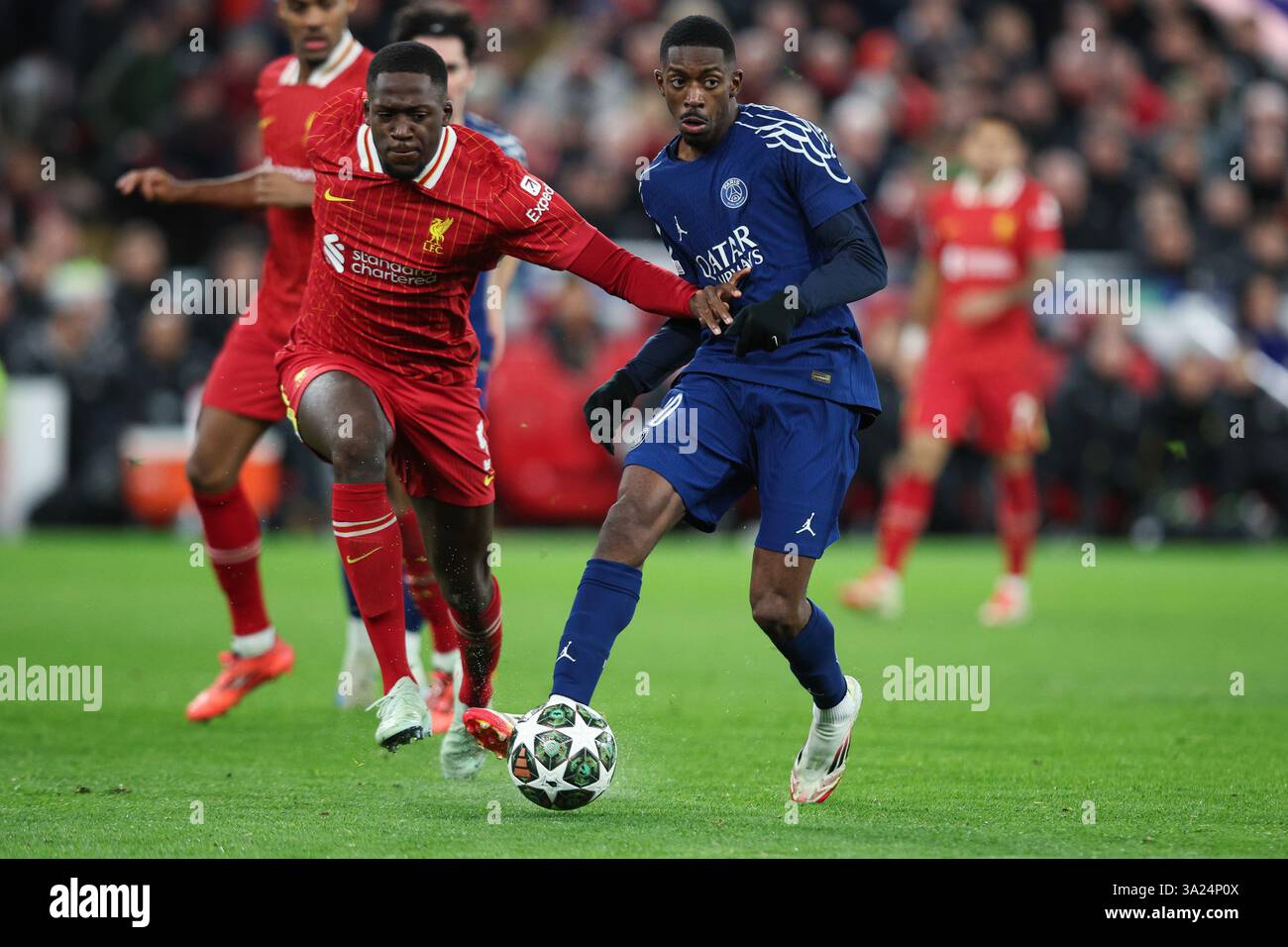 LIVERPOOL, UK - 11th Mar 2025: Ousmane Dembele of PSG under pressure ...
