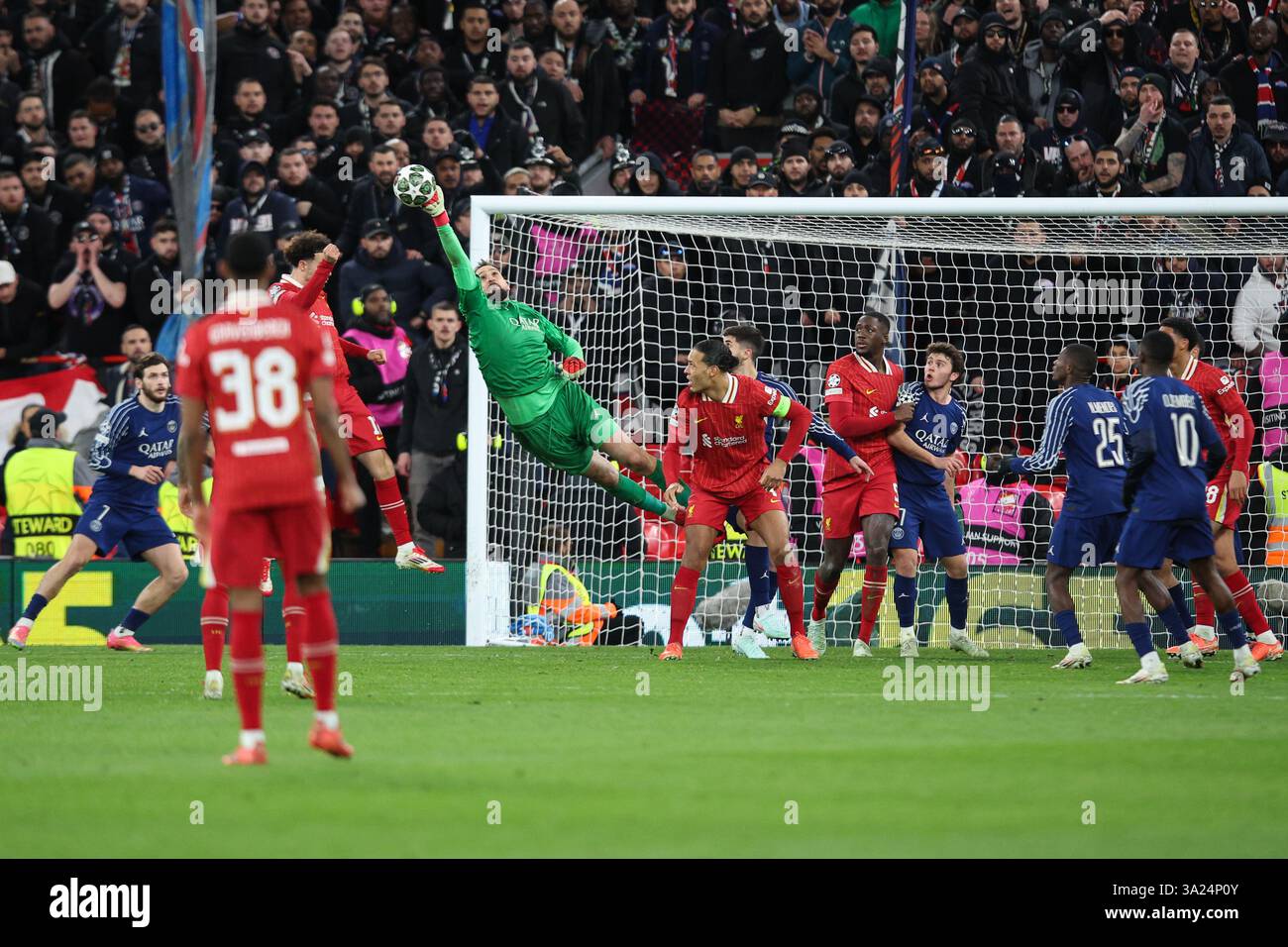 LIVERPOOL, UK - 11th Mar 2025: Gianluigi Donnarumma of PSG punches ...