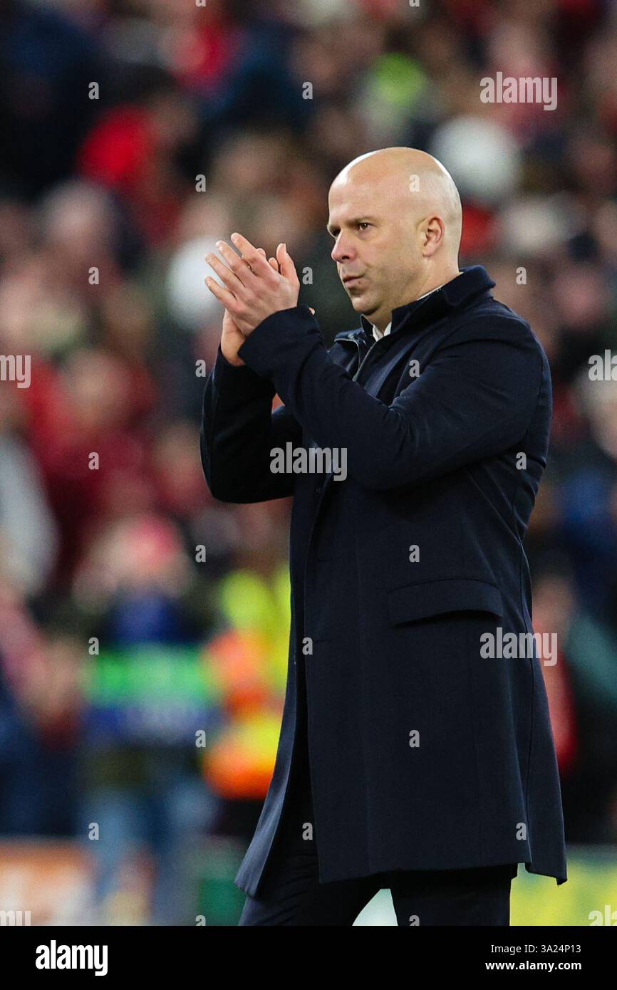 LIVERPOOL, UK - 11th Mar 2025: Liverpool manager Arne Slot applauds the ...