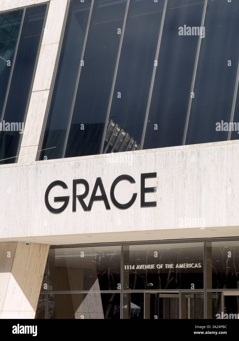 W.R. Grace Building, close-up exterior view of building sign and entrance, West 42nd Street, New ...