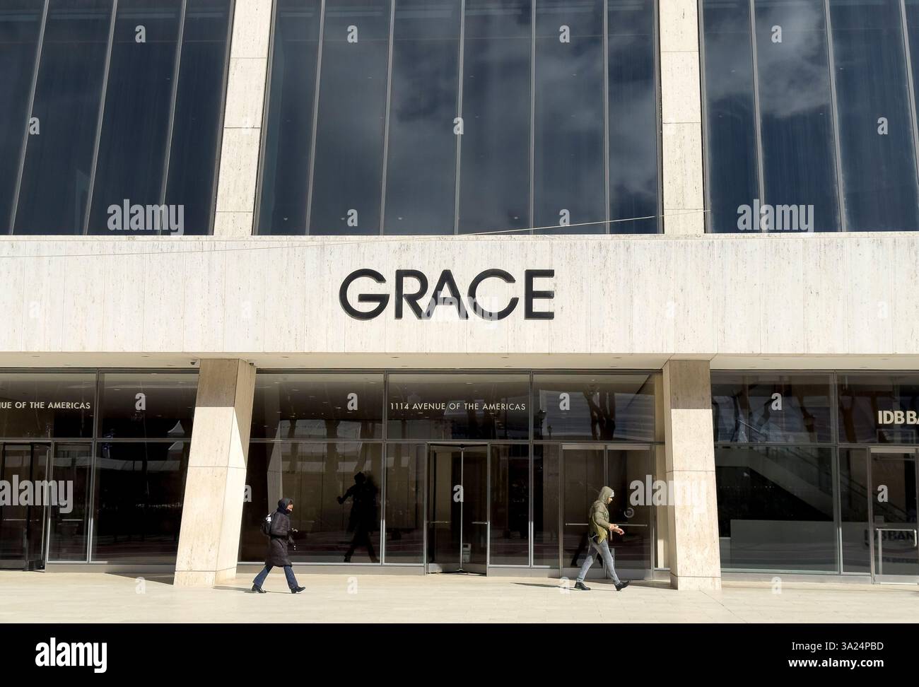 W.R. Grace Building, close-up exterior view of building sign and ...