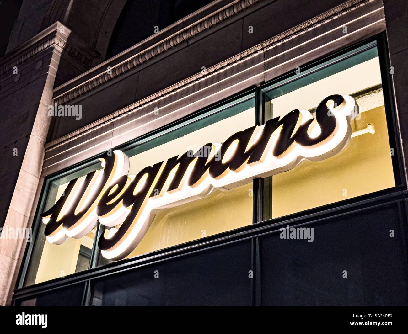 Wegman's, store logo on building exterior at night, New York City, New ...