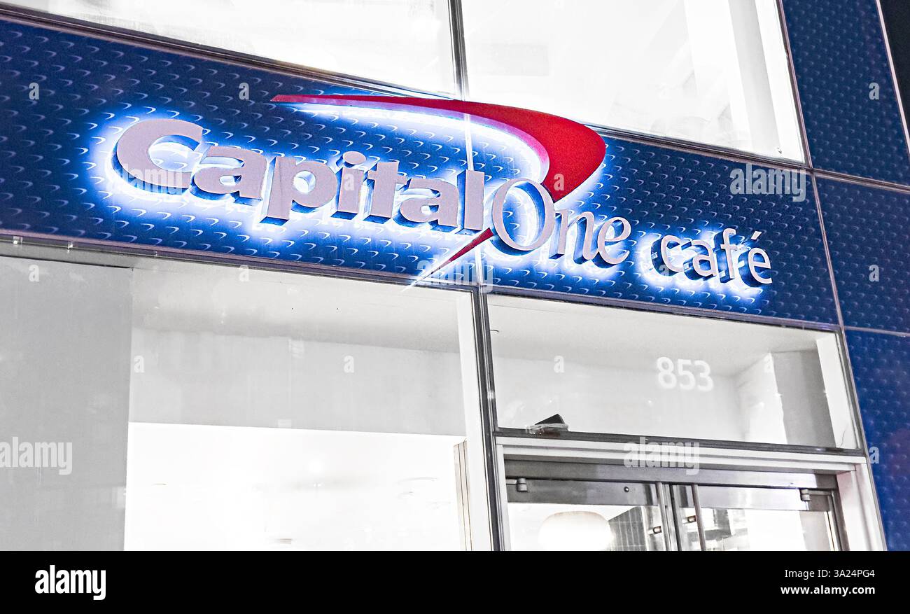 Capital One Cafe, building exterior and company sign, New York City ...
