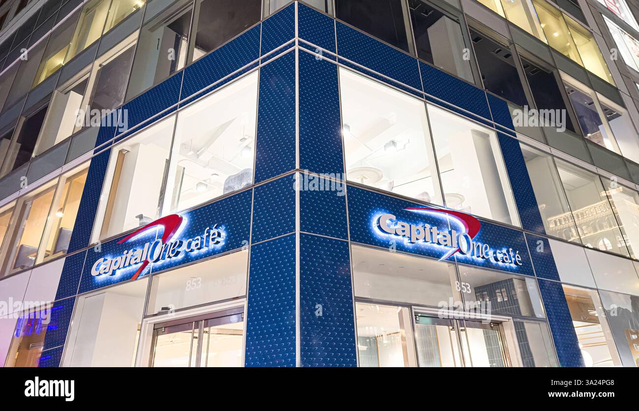 Capital One Cafe, building exterior and company sign, New York City ...