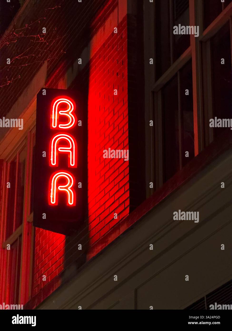 Neon red bar sign on building exterior at night, New York City, New ...