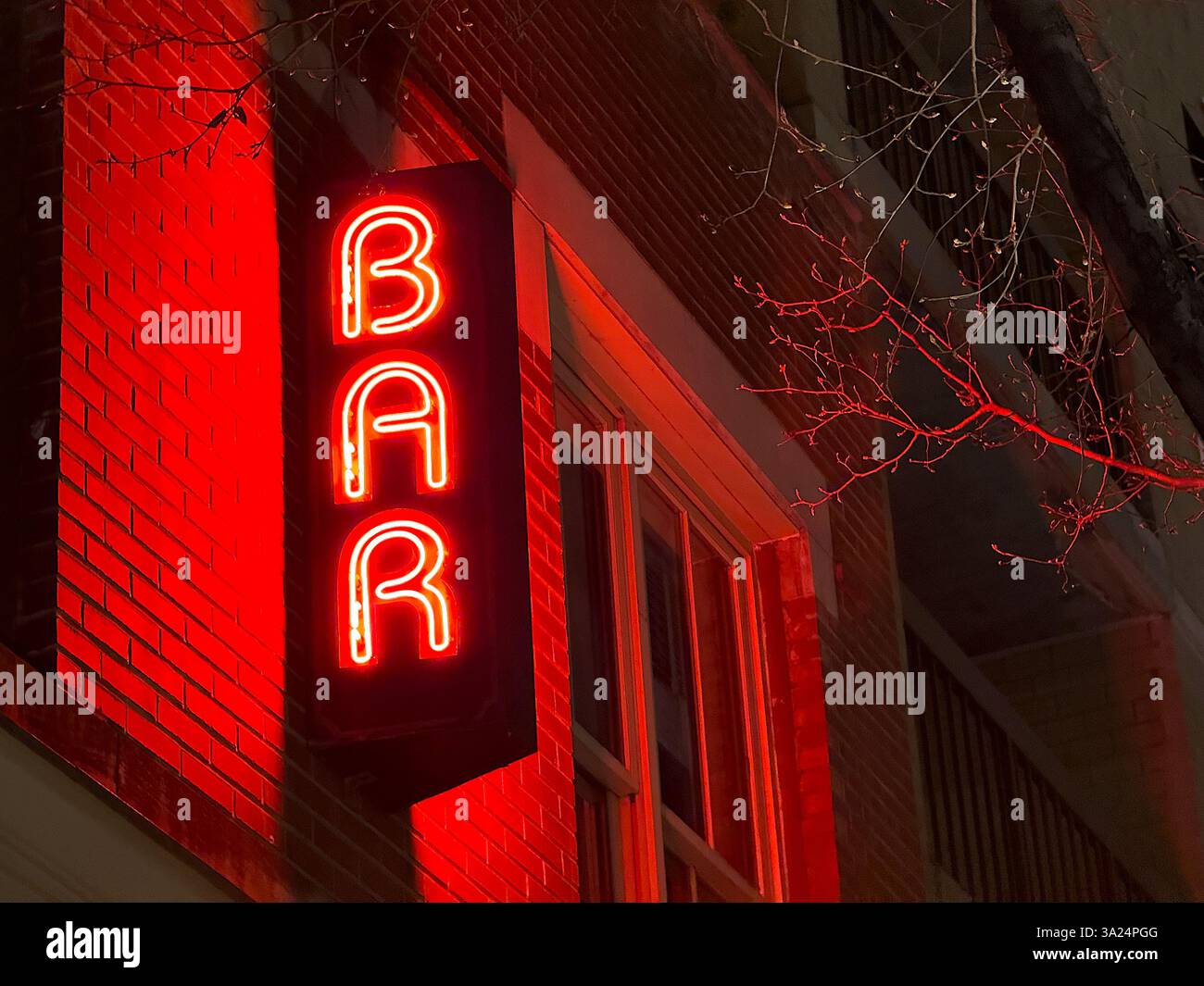 Neon red bar sign on building exterior at night, New York City, New ...