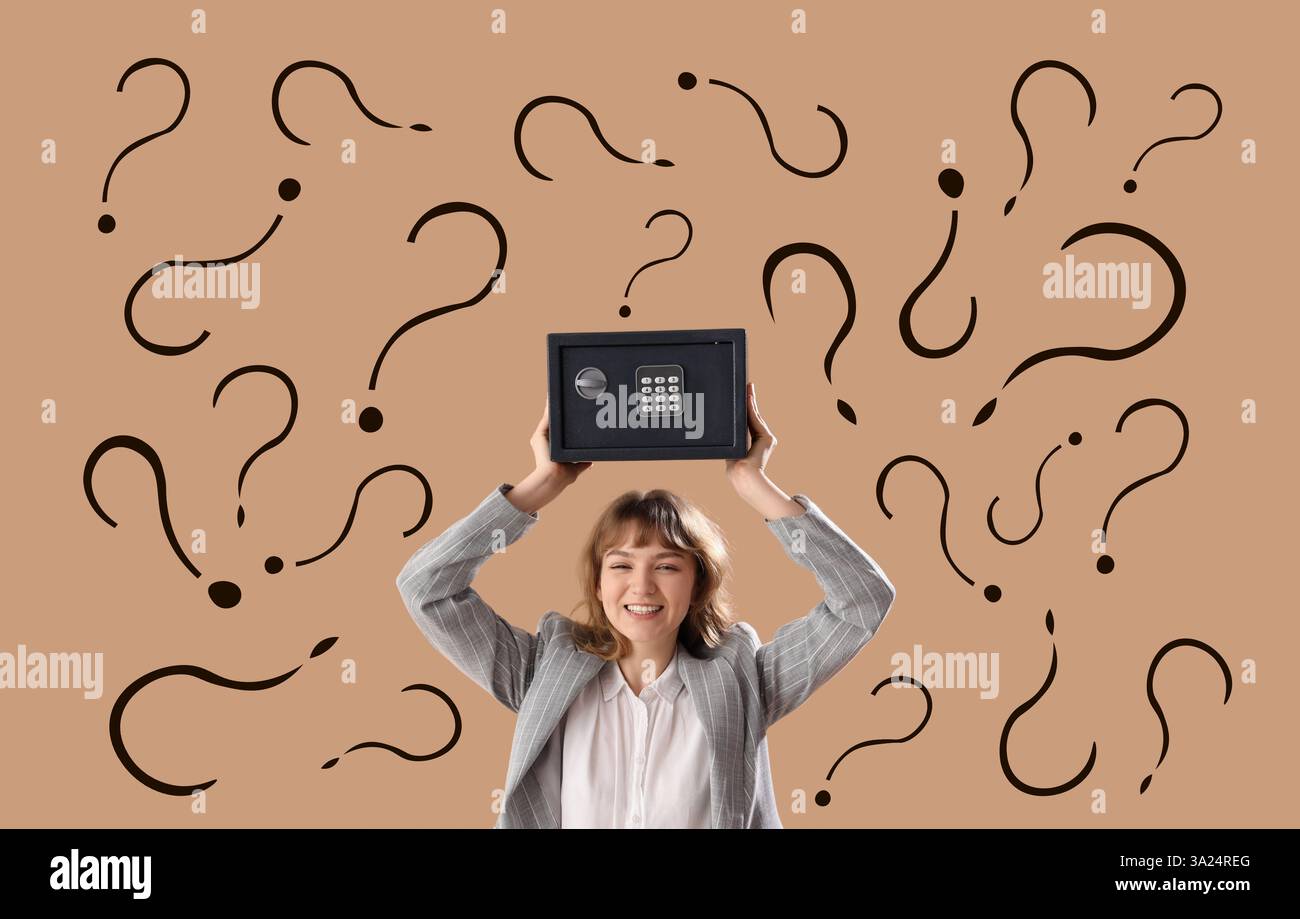 Happy businesswoman with safe box and question marks on beige ...