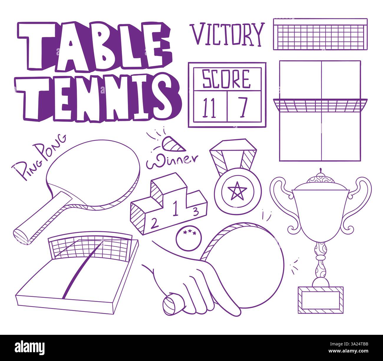 Table Tennis Sports Doodle Illustrations. hand drawn ping pong ...