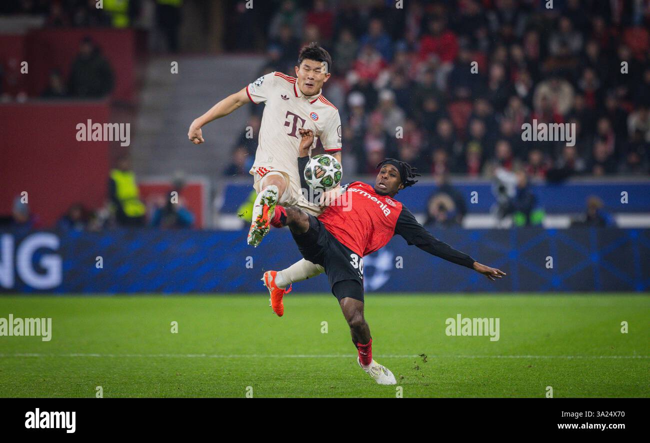 Leverkusen, Germany. 11th Mar 2025. Min-jae Kim (FCB) Jeremie Frimpong ...