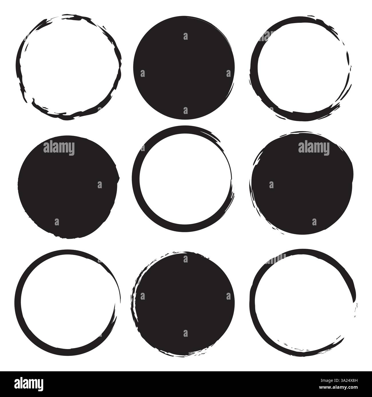 Nine circular shapes. Black outline design. Brushstroke vector effect ...