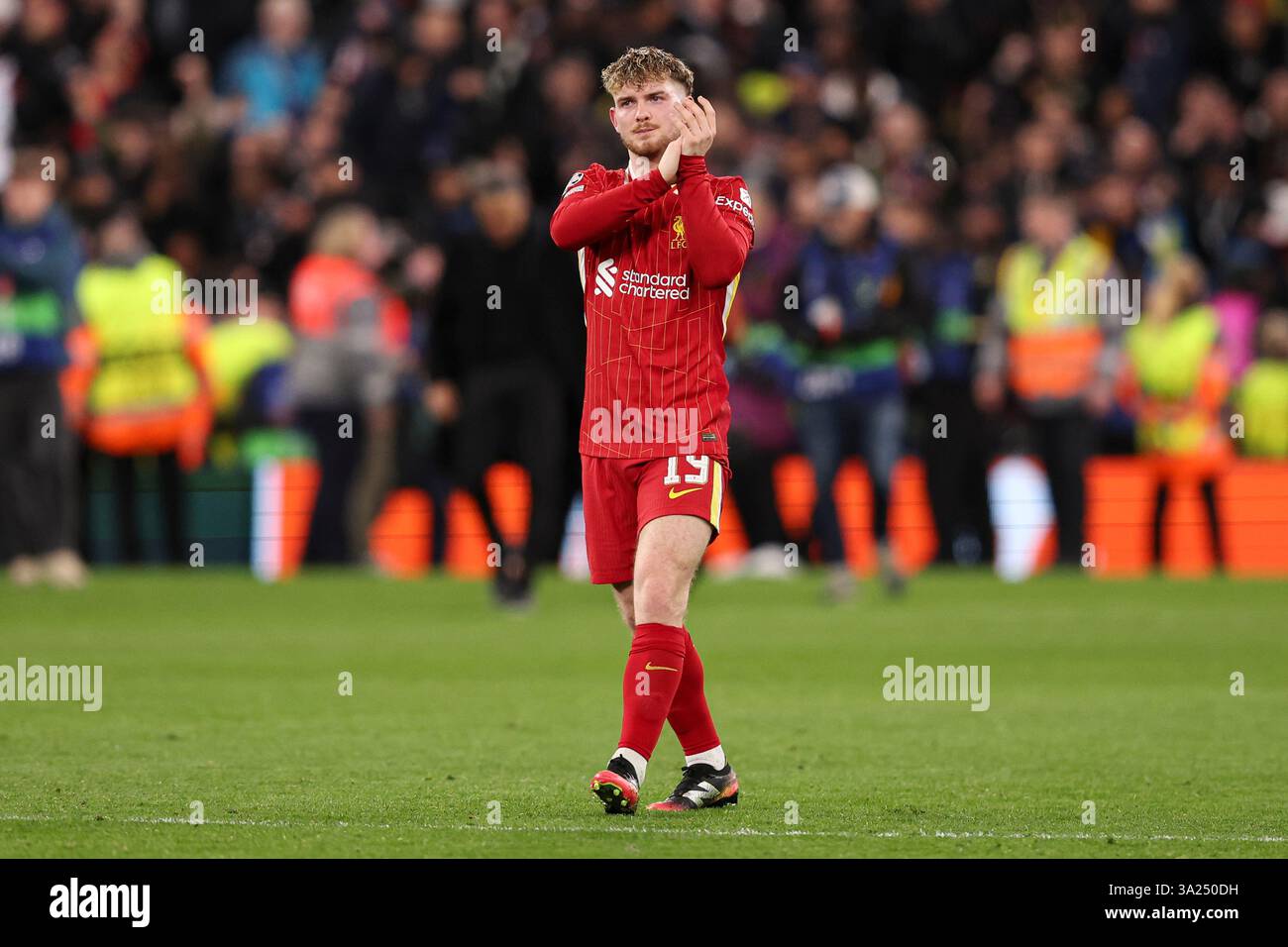 Harvey Elliott of Liverpool applauds the fans at full-time during the ...