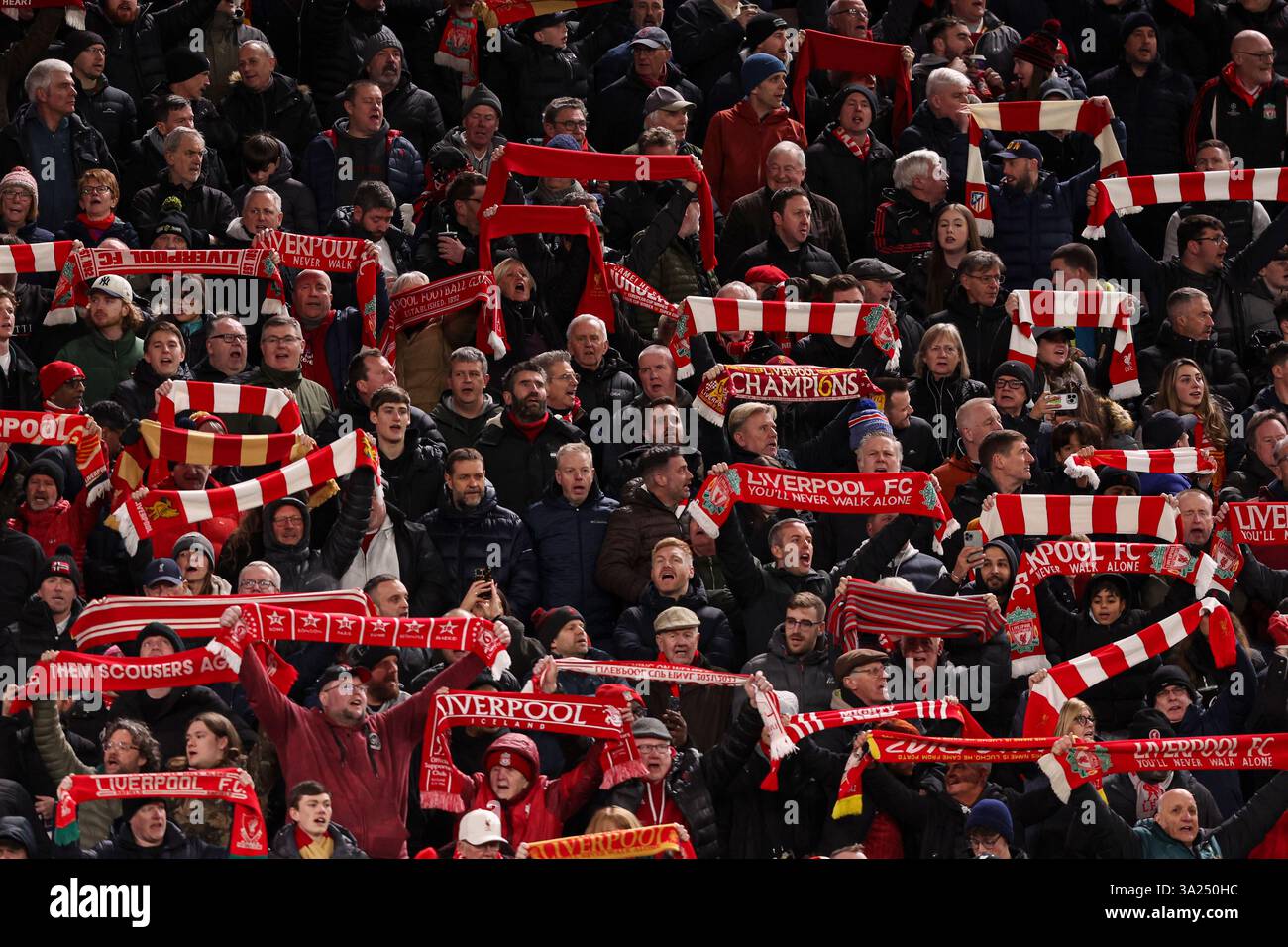 Liverpool, UK. 11th Mar, 2025. Liverpool fans sing during the pre-match ...