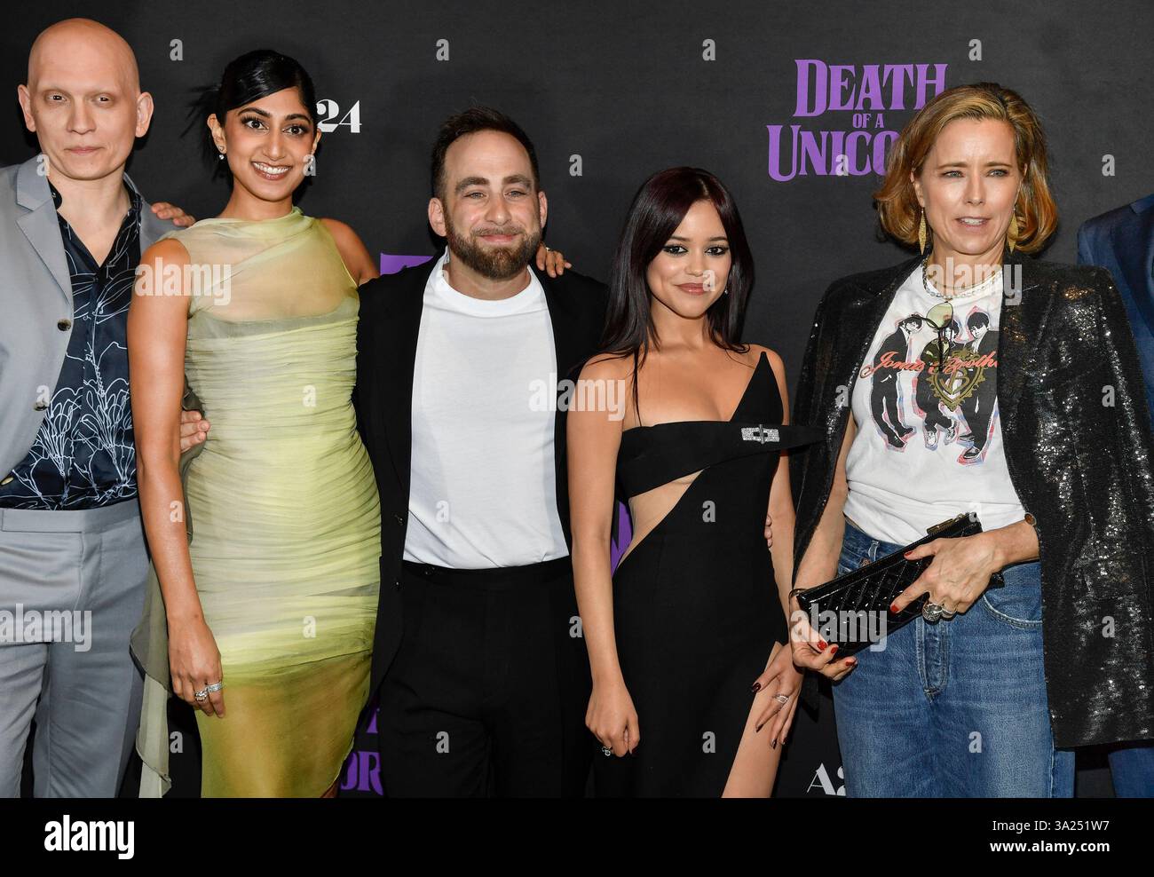 Anthony Carrigan, left, Sunita Mani, Jenna Ortega and Tea Leoni attend ...