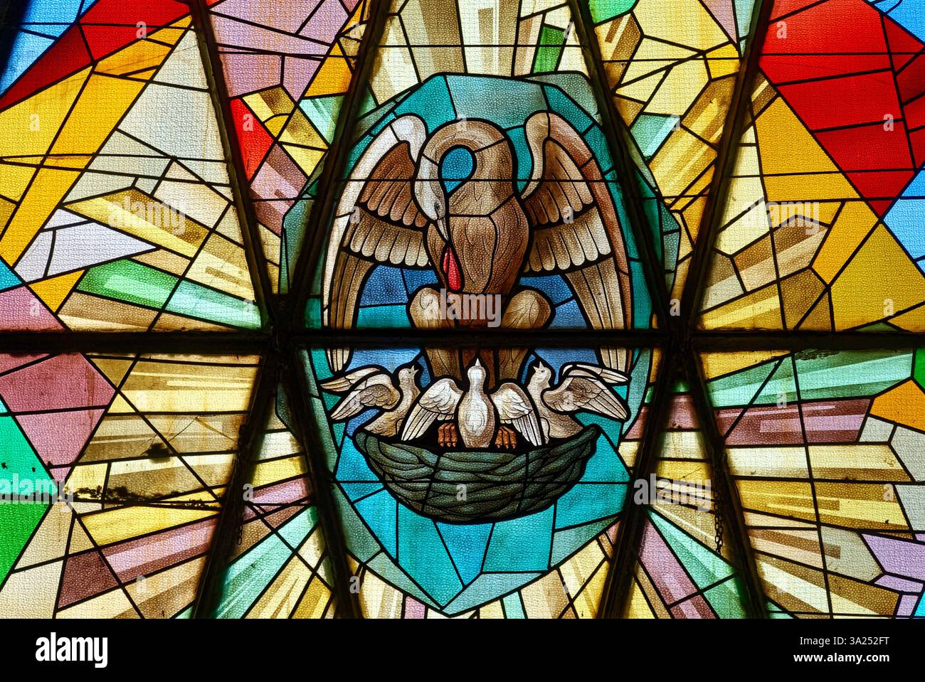 Palinuro, ITALY - 10-30-2024: Stained glass of the Pelican is one of ...