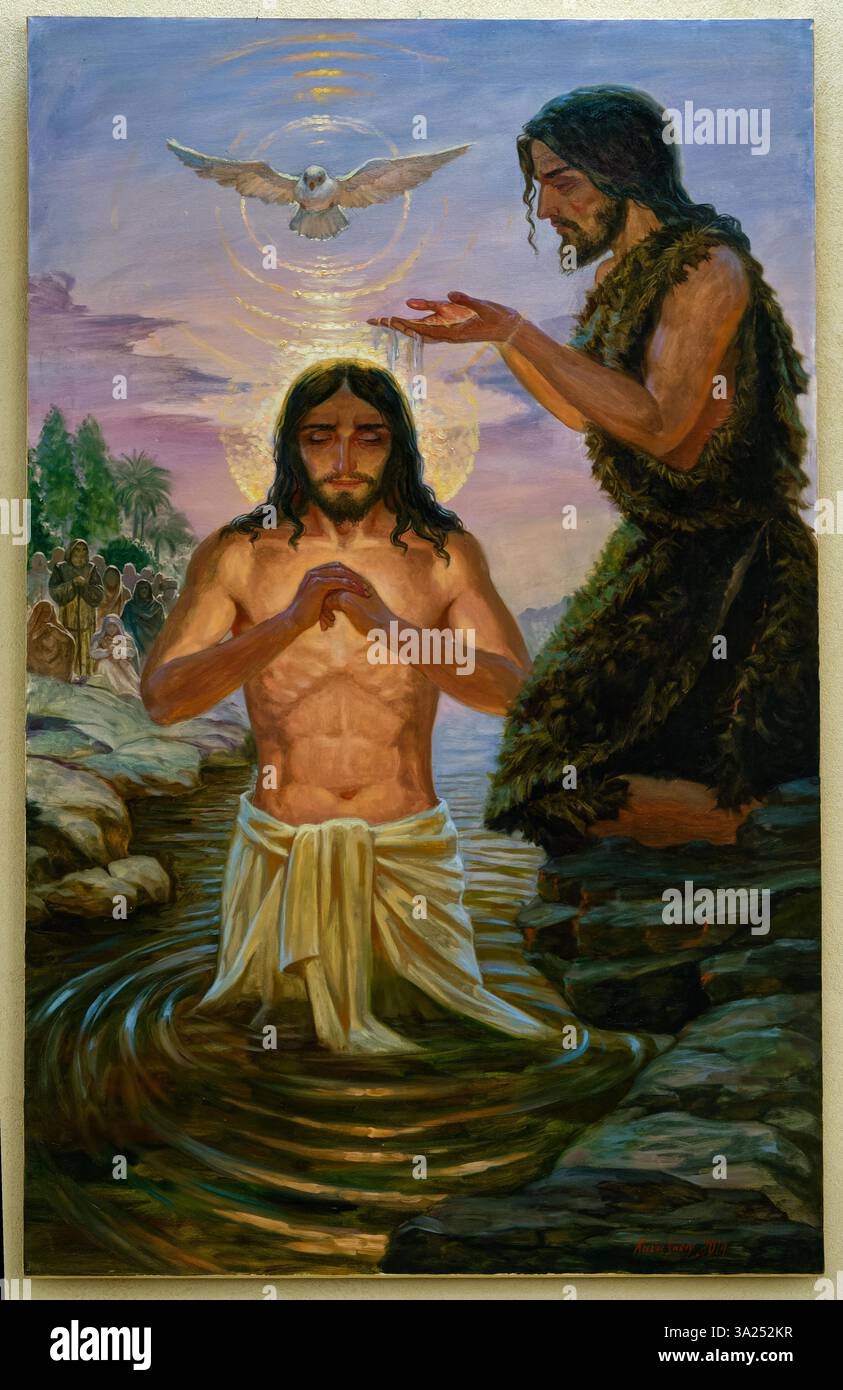 Gasponi, ITALY - 11-01-2024: Modern painting of Baptism of Jesus by John the Baptist in the ...