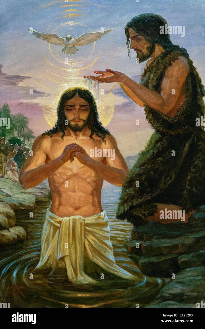 Gasponi, ITALY - 11-01-2024: Modern painting of Baptism of Jesus by John the Baptist in the ...